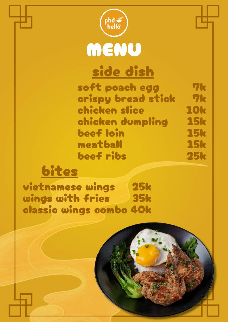 Menu at Pho Hello restaurant, Denpasar