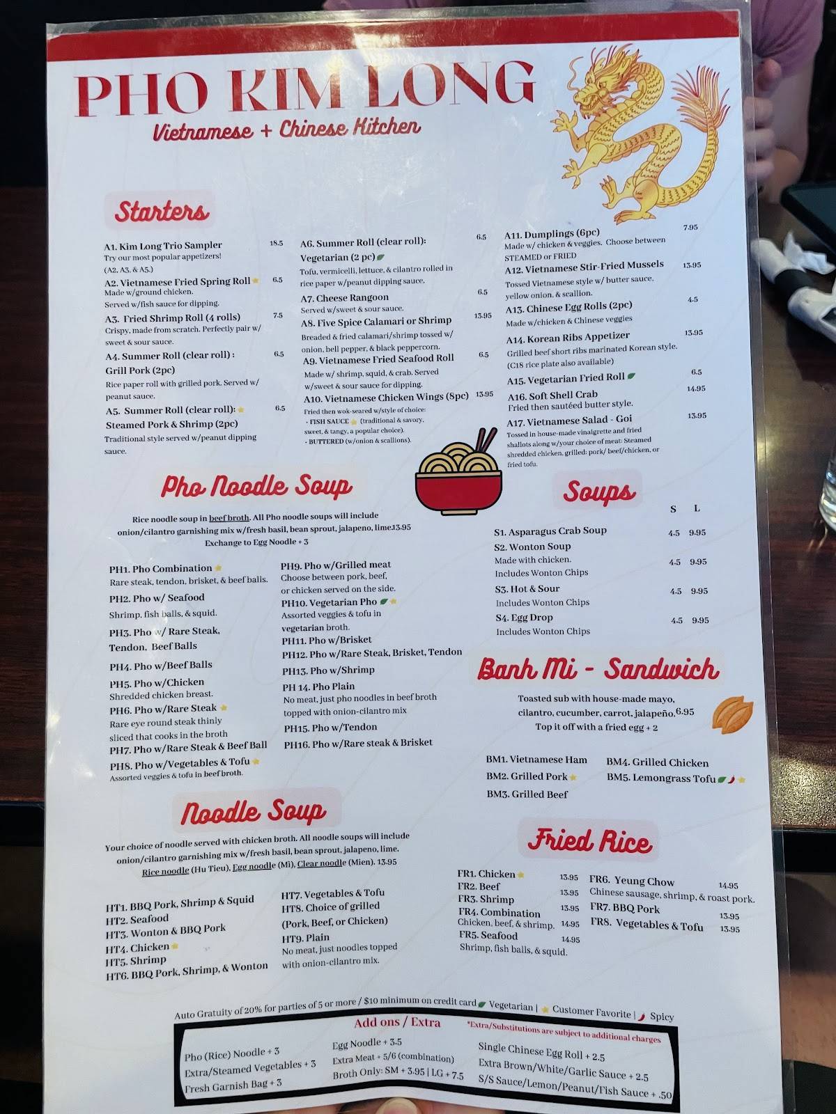 Menu at Pho Kim Long restaurant, San Antonio, McCullough Ave #2
