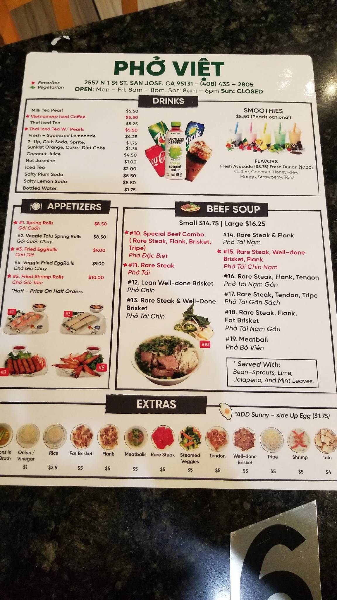 Menu at Pho Viet Restaurant, San Jose, N First St