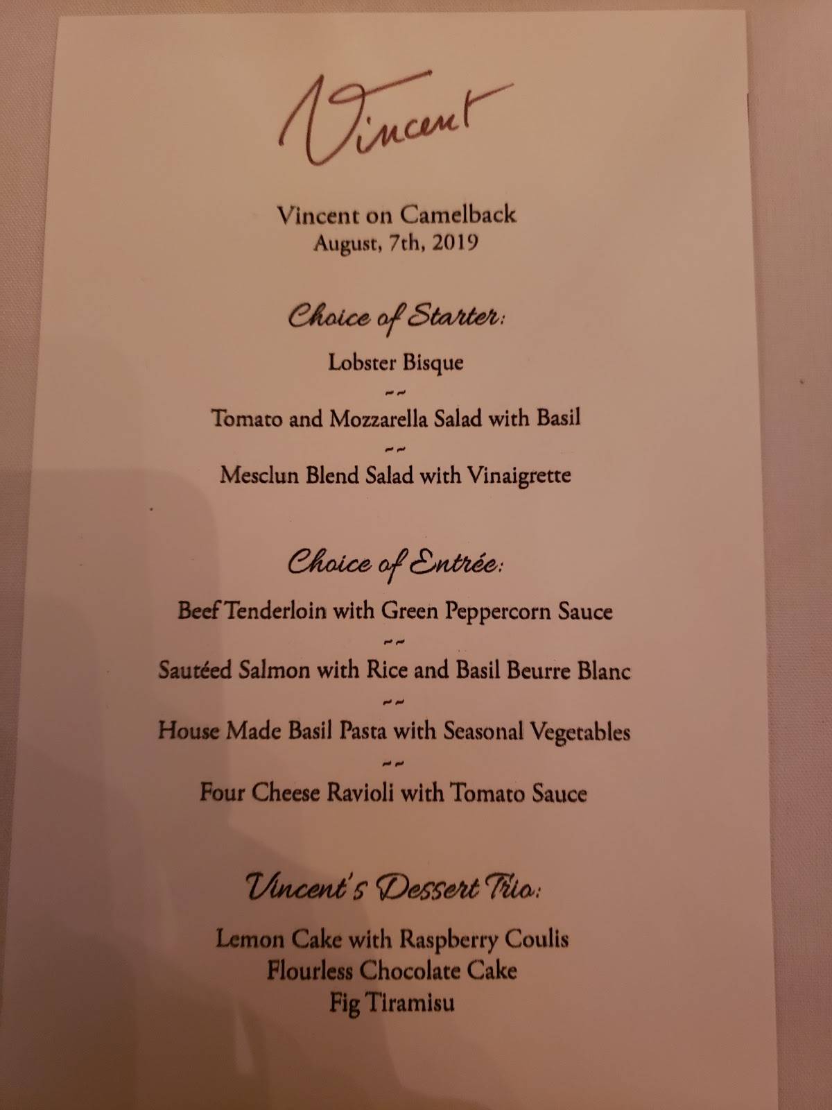 Menu at Vincent on Camelback restaurant, Phoenix
