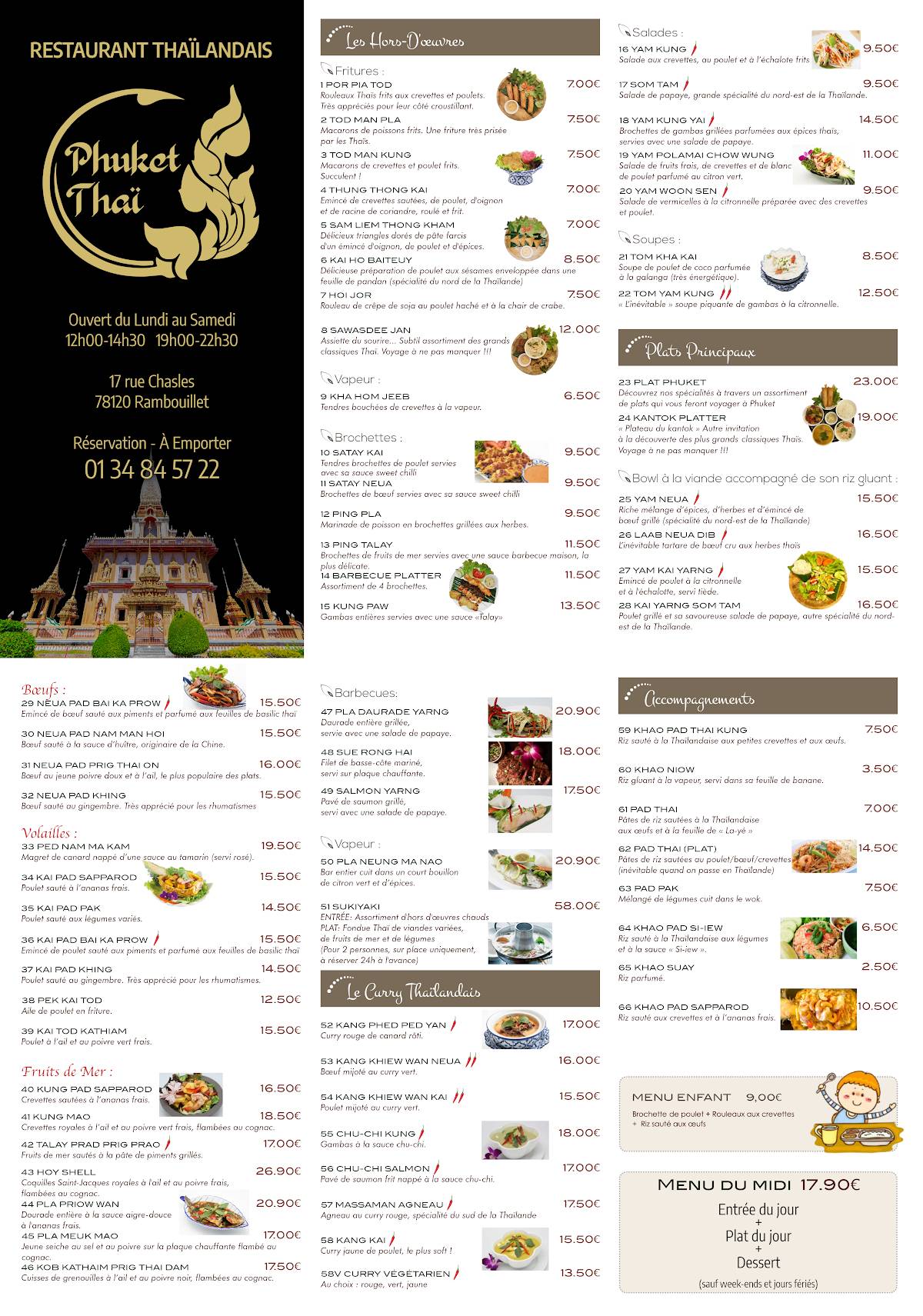 Menu au Phuket Thaï restaurant, Rambouillet