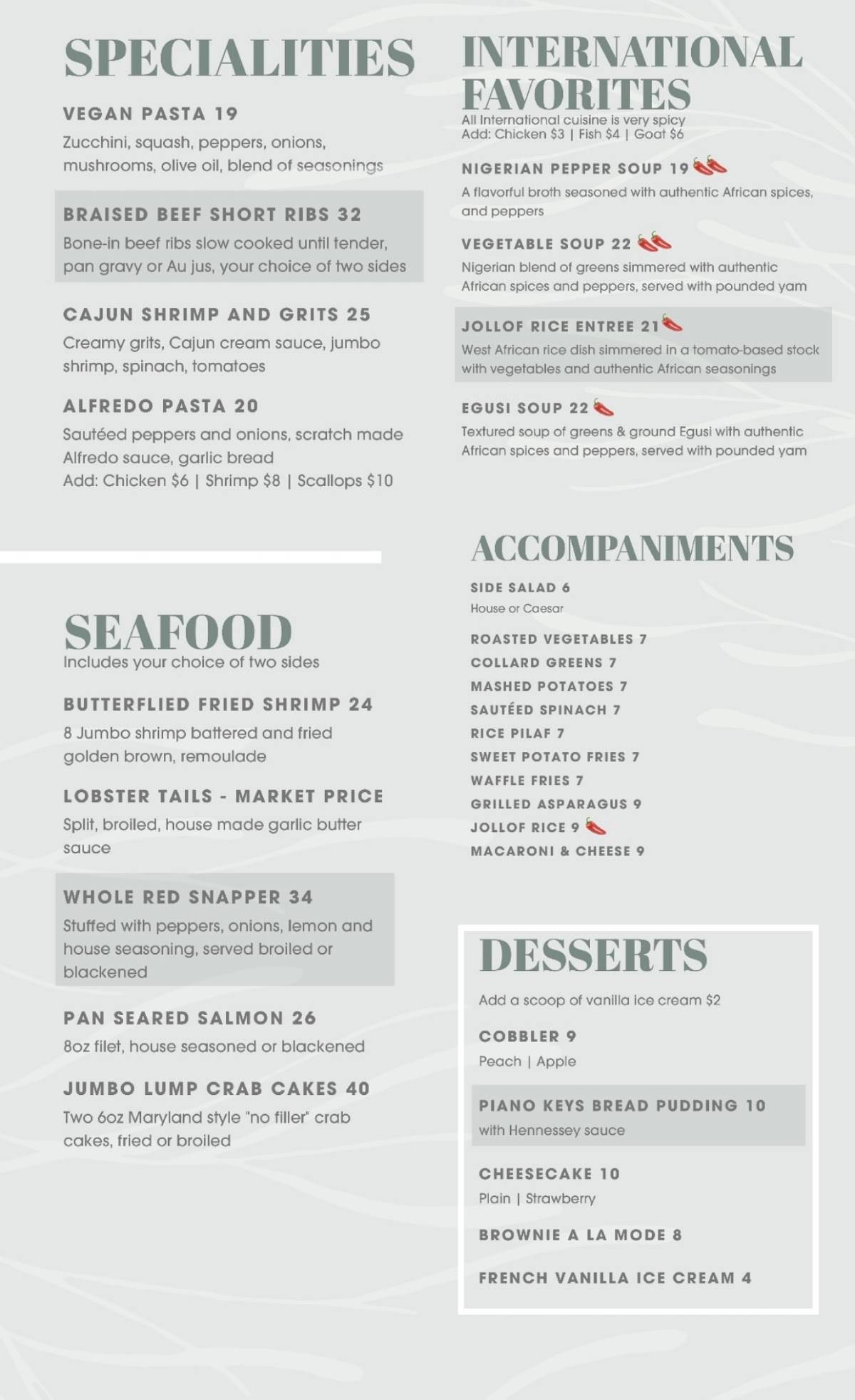 Carta de Piano Keys Restaurant and Lounge, Brandywine