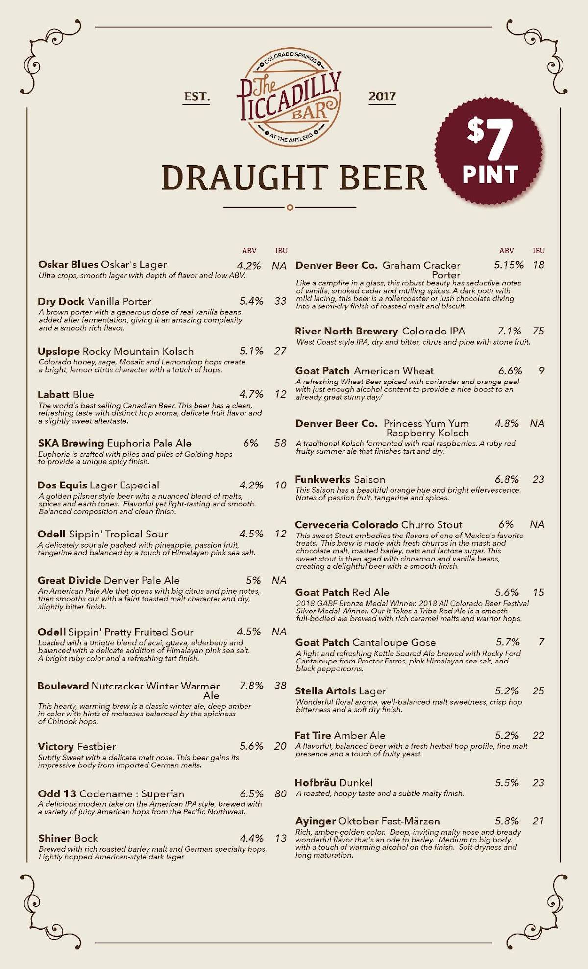 Menu at Piccadilly Bar, Colorado Springs