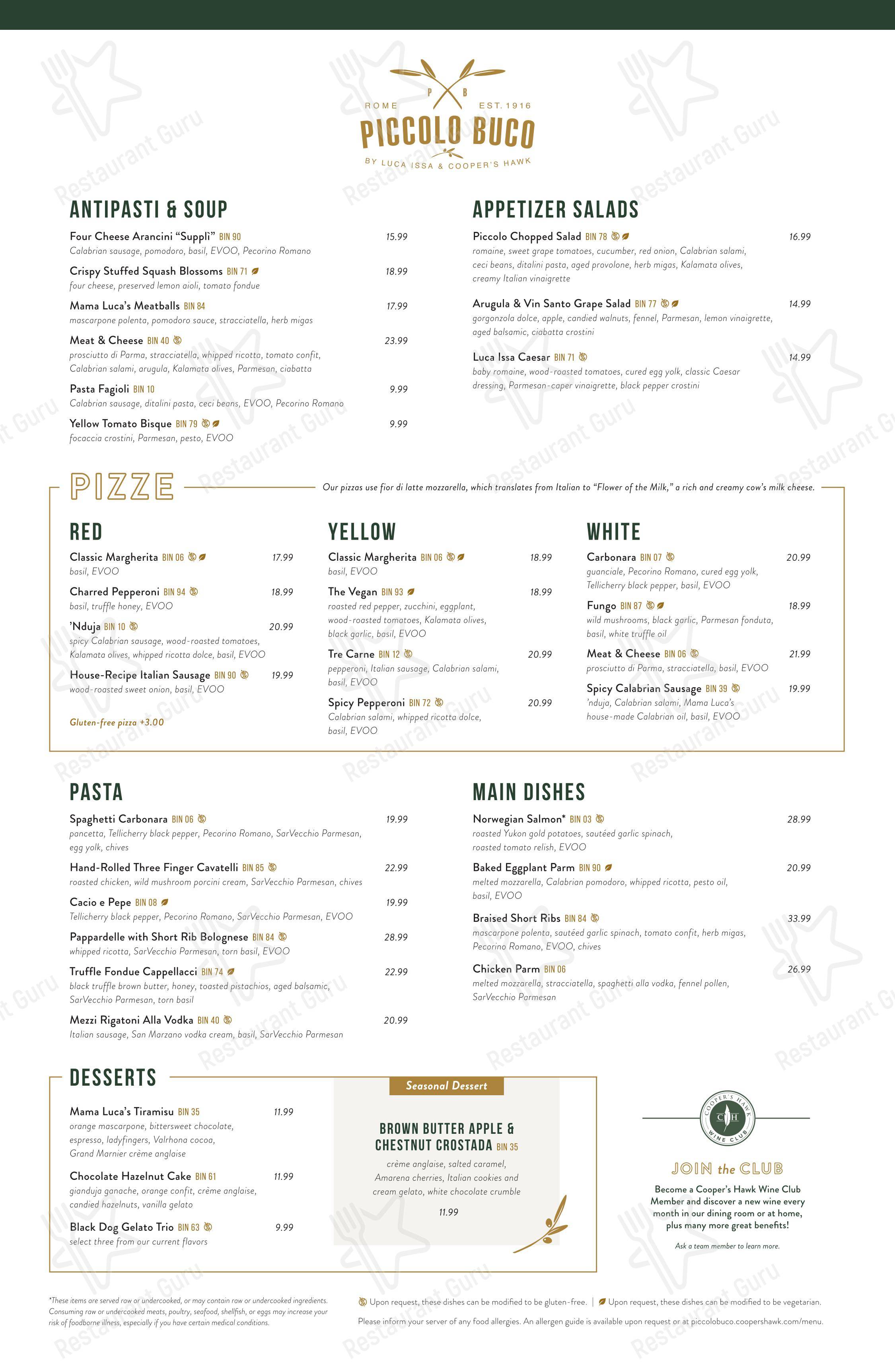Menu at Piccolo Buco by Cooper’s Hawk restaurant, Oak Brook