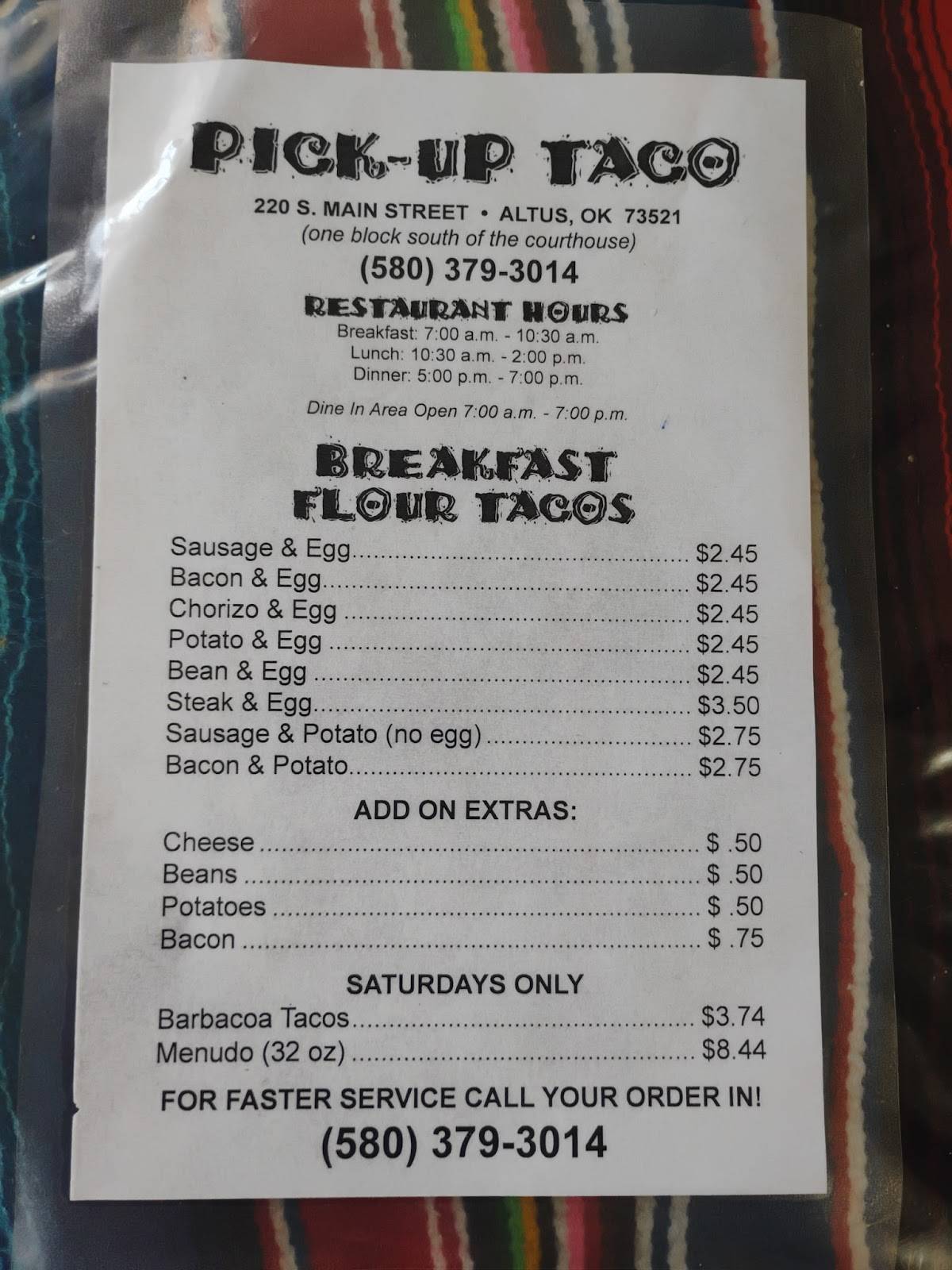Menu at Pick-up-Taco restaurant, Altus