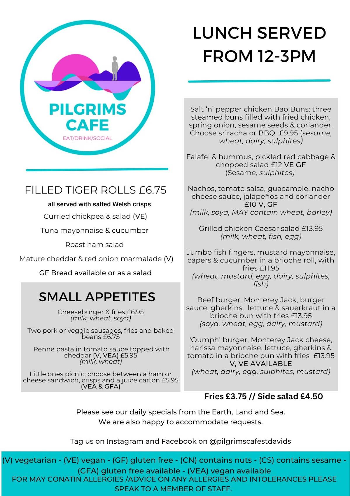 Menu at Pilgrims Cafe, Saint Davids
