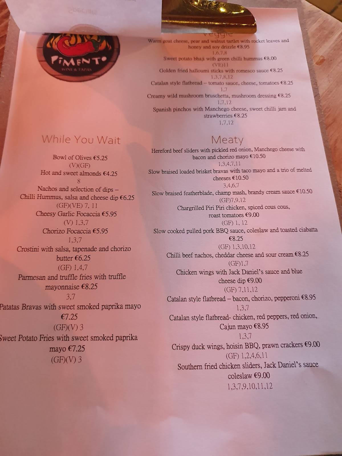 Menu at Pimento pub & bar, Carlow