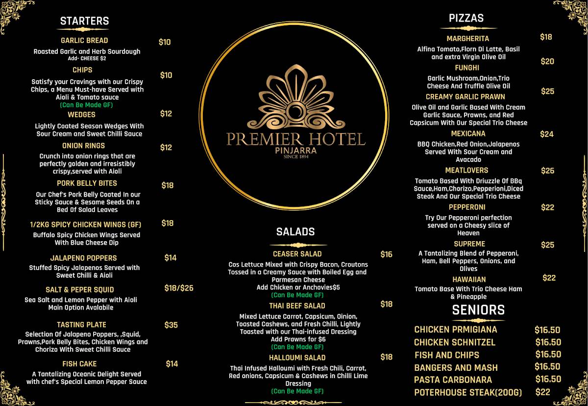 Menu at Premier Hotel Pinjarra restaurant, Pinjarra