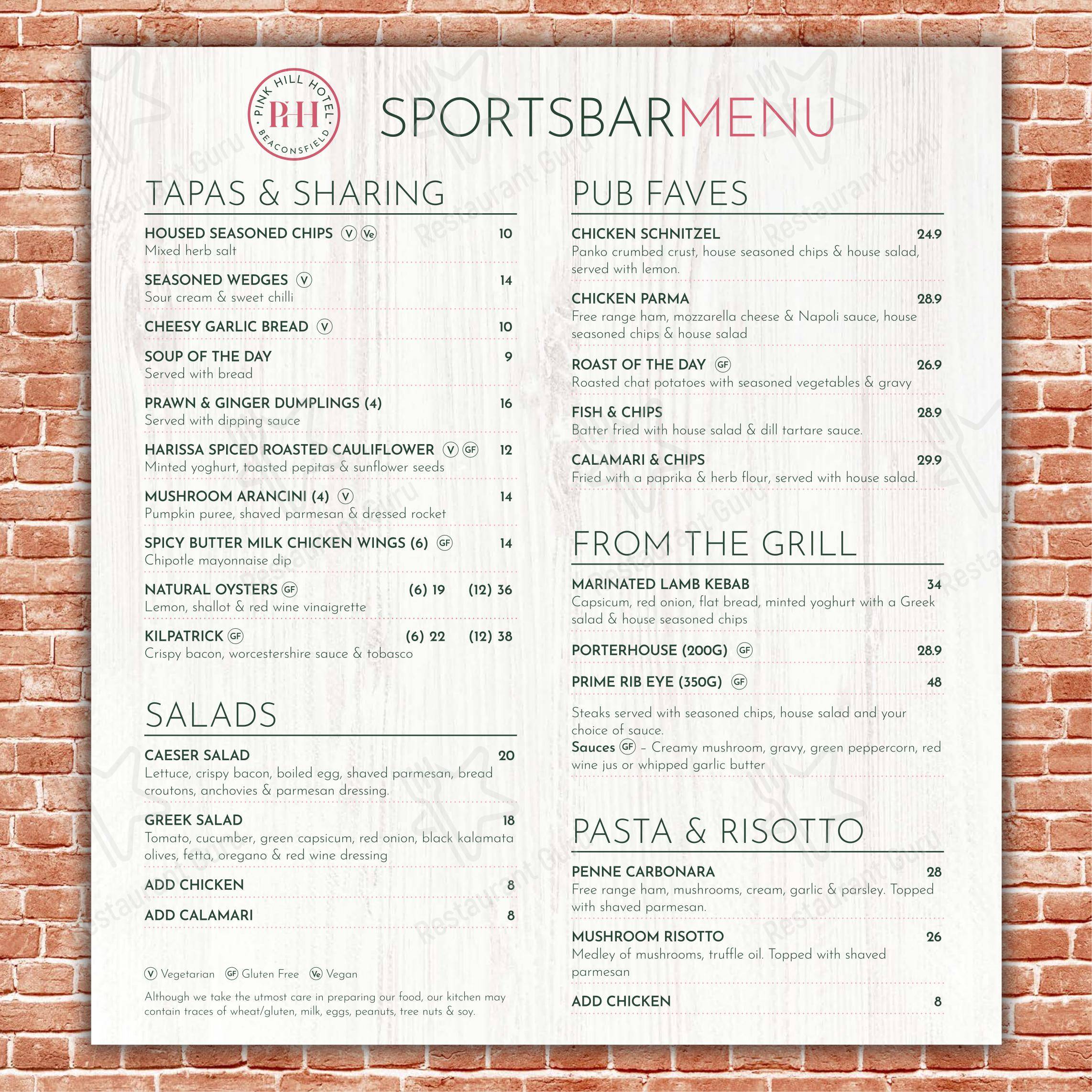 Menu at Pink Hill Hotel pub & bar, Beaconsfield