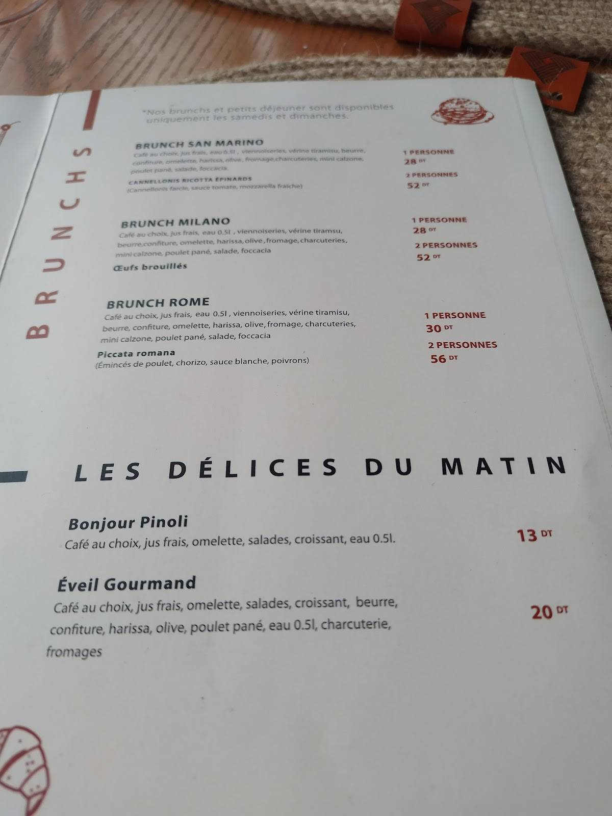 Menu au Pinoli Restaurant, Tunis