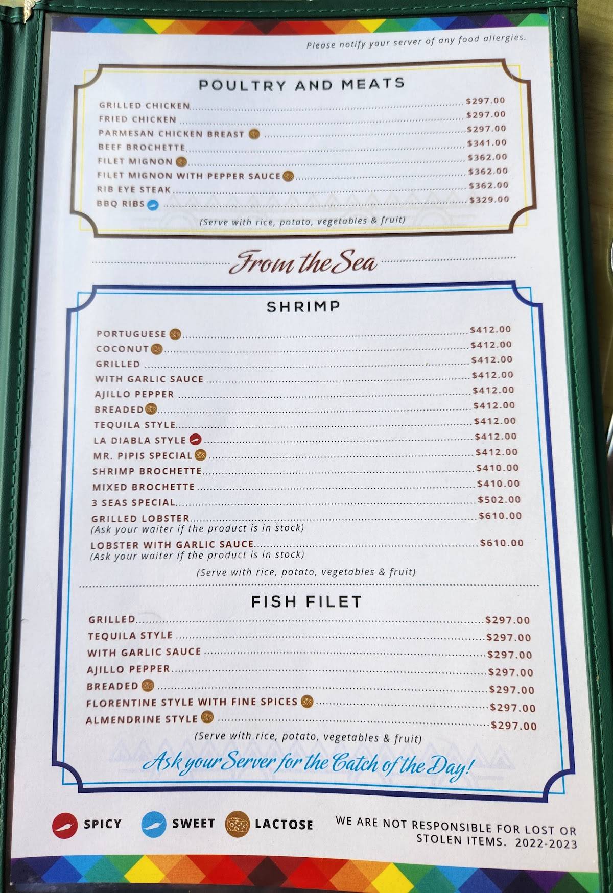 Menu at Pipis restaurant, Puerto Vallarta