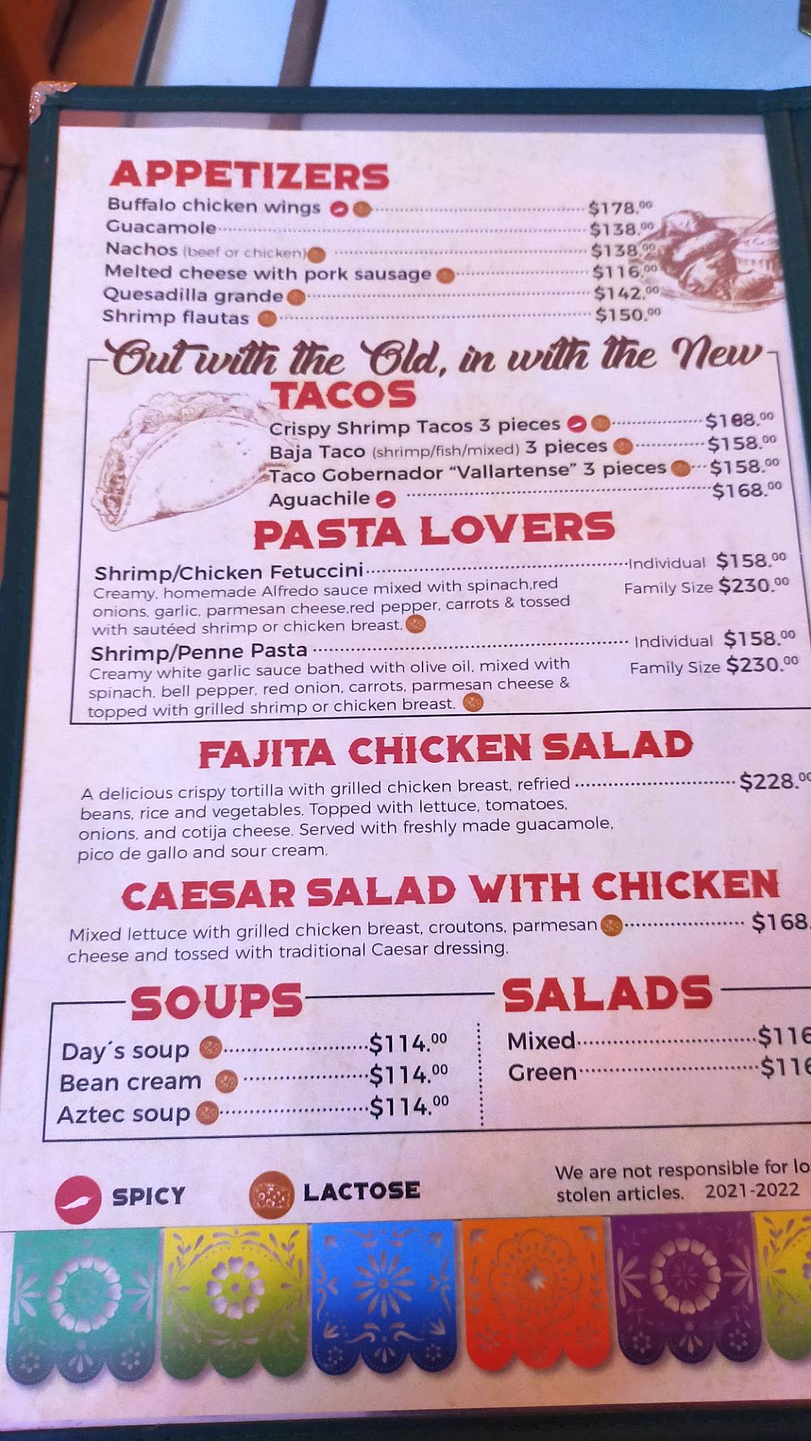 Menu at Pipis restaurant, Puerto Vallarta