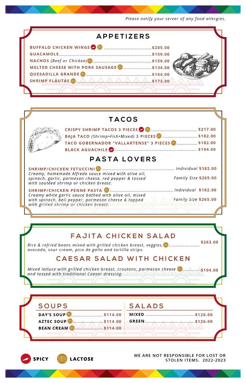 Menu at Pipis restaurant, Puerto Vallarta