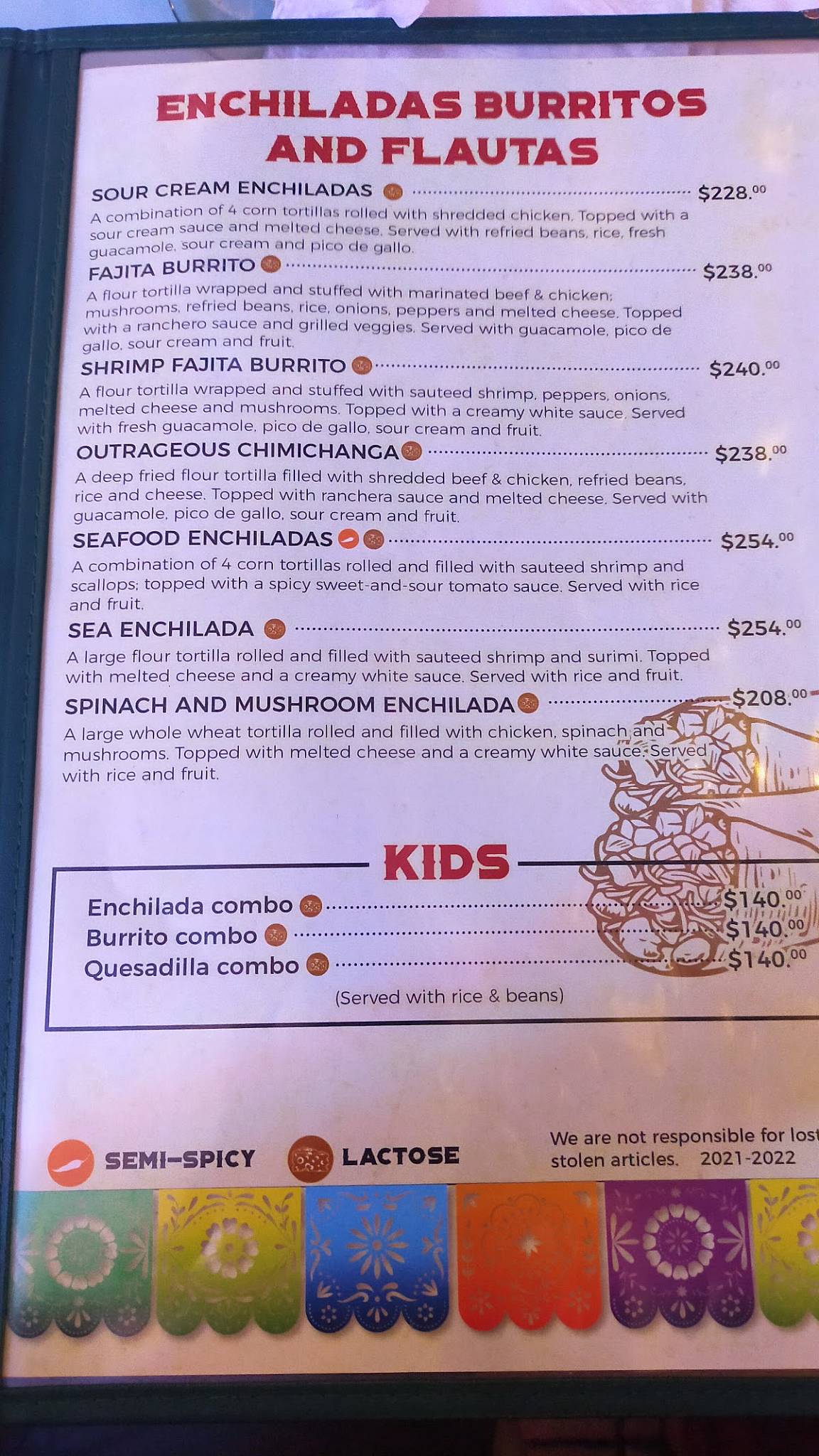 Menu at Pipis restaurant, Puerto Vallarta