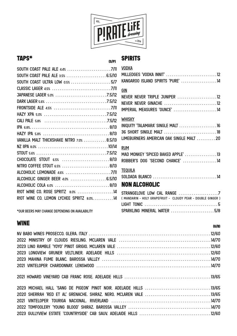 Menu at Pirate Life Brewing pub & bar, Port Adelaide