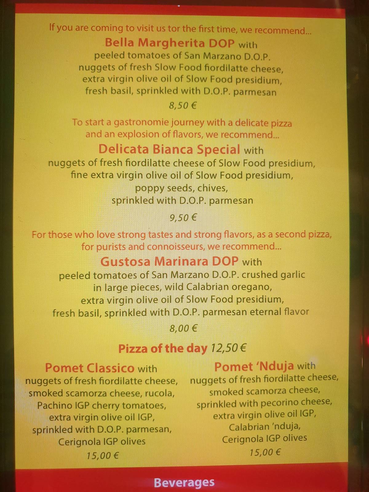 Menu da Piz pizzeria, Milano