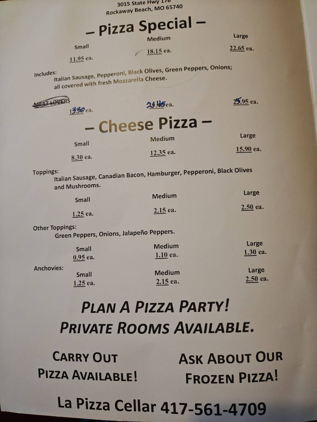 Menu at Pizza Cellar pizzeria, Rockaway Beach, State Hwy 176