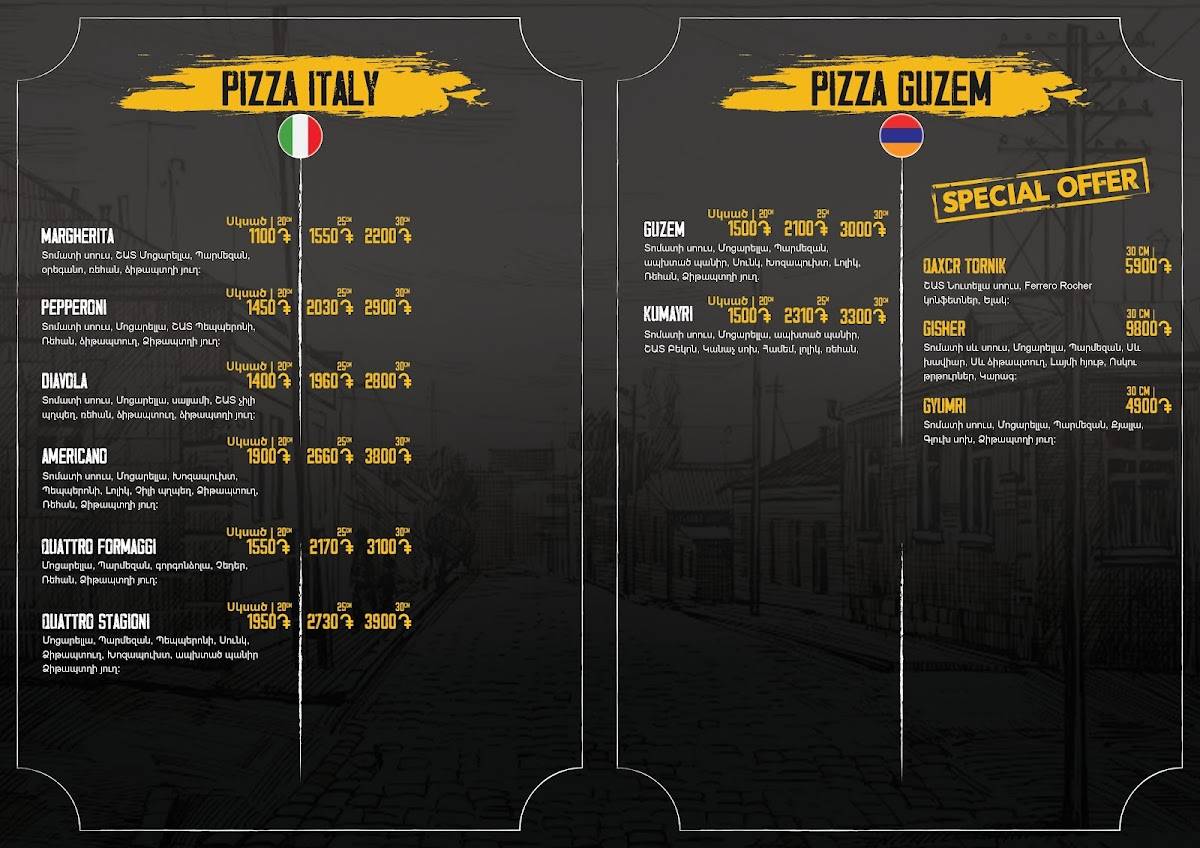 Menu at Pizza Guzem restaurant, Gyumri