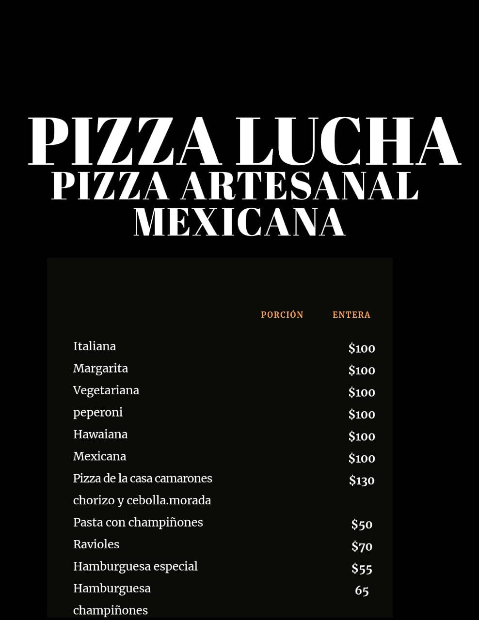 Carta del restaurante Pizza Lucha, Monterrey