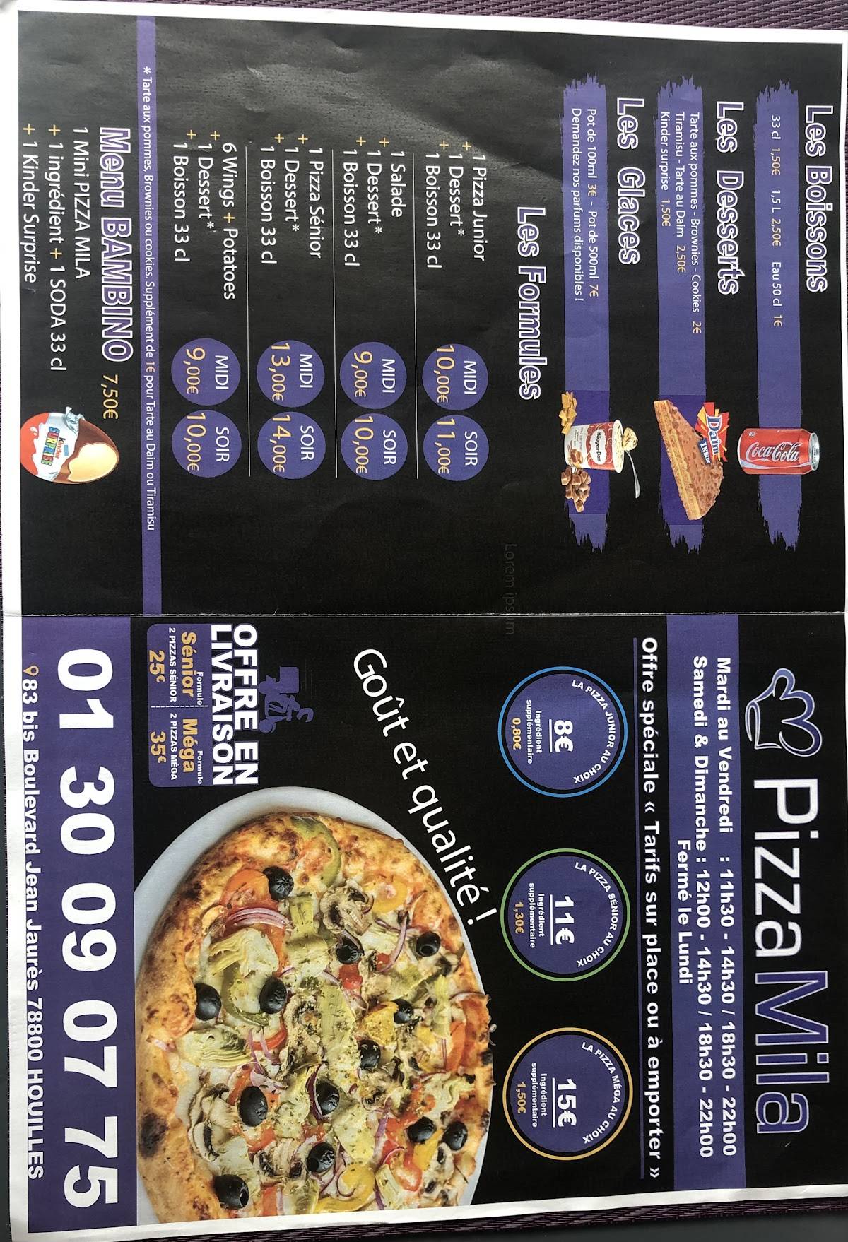 Menu au Pizza Mila restaurant, Houilles