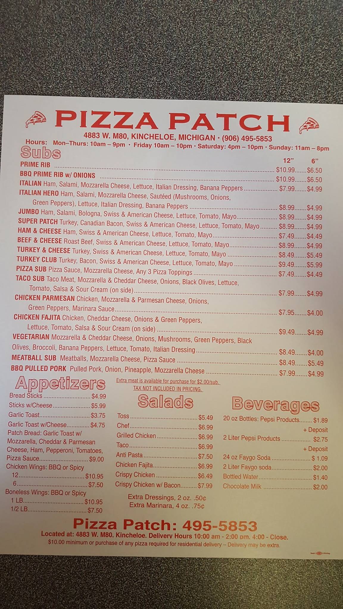 Menu at Pizza Patch pizzeria, Kinross Charter Township