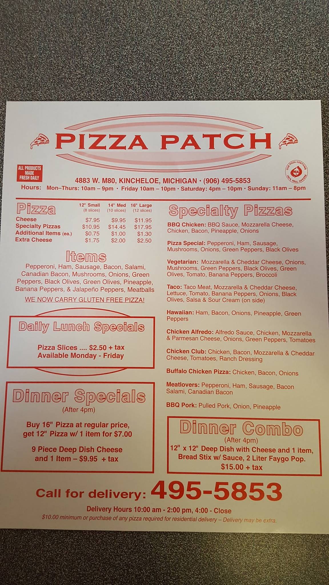 Menu at Pizza Patch pizzeria, Kinross Charter Township