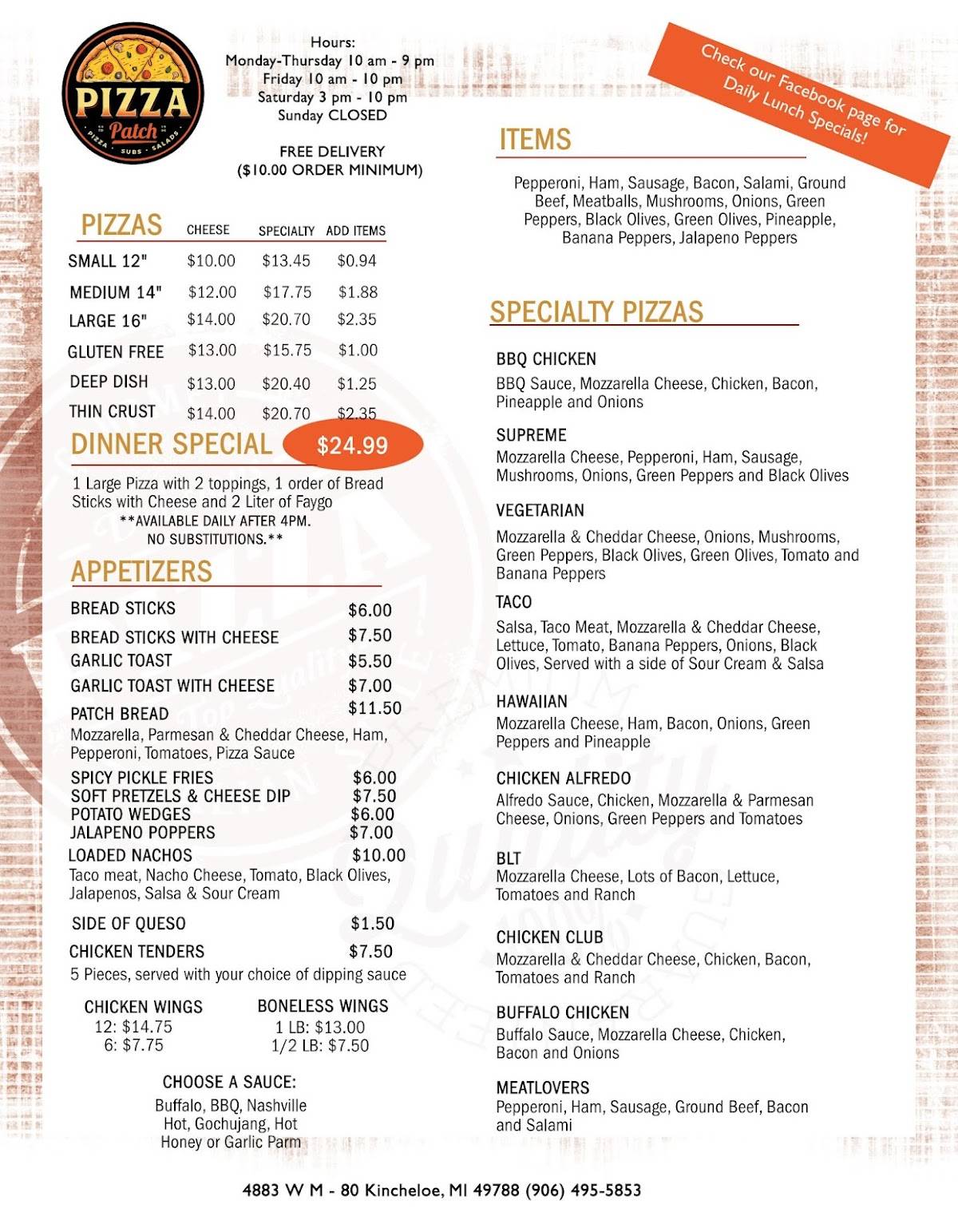 Menu at Pizza Patch pizzeria, Kinross Charter Township, M-80