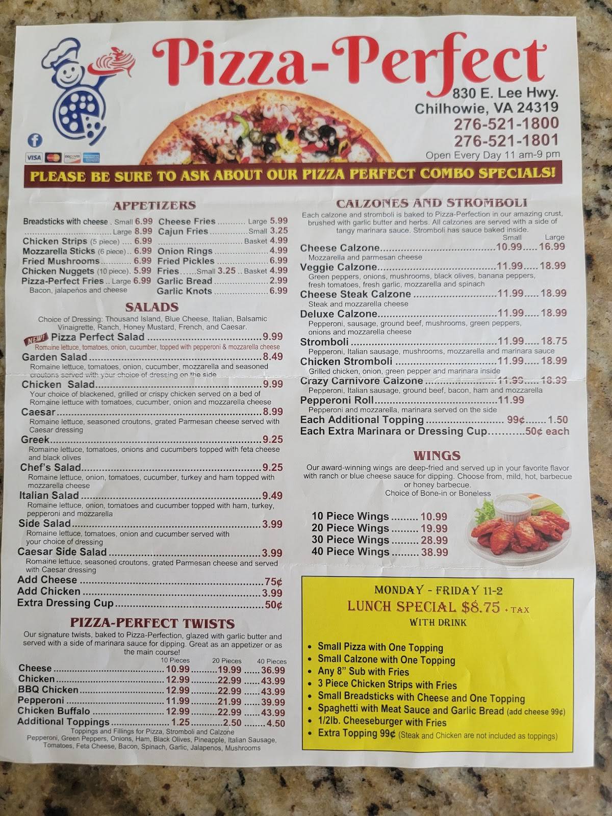 Menu at Pizza-Perfect pizzeria, Chilhowie