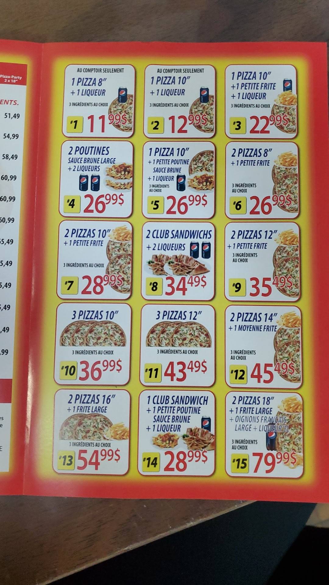 Menu au Pizza Rio pizzeria, Québec
