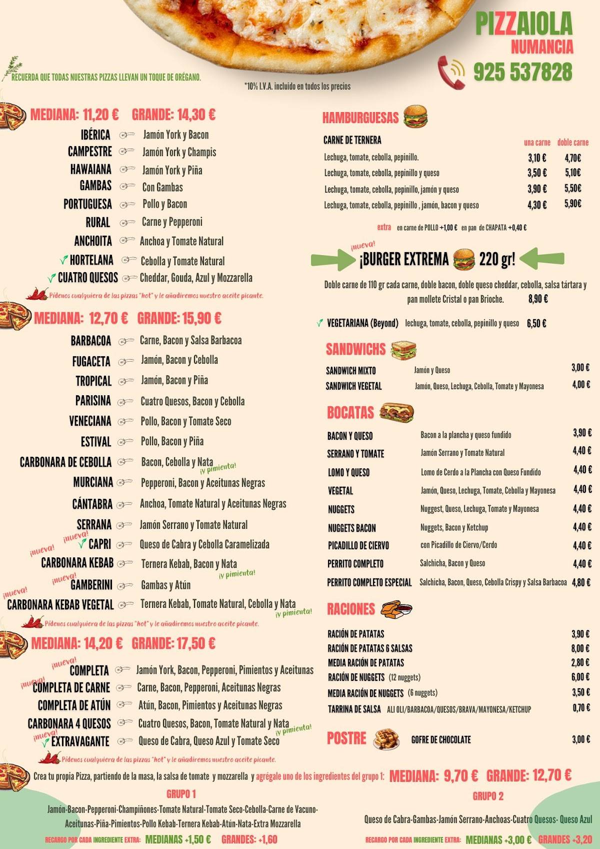 Carta de pizzería Pizzaiola, Numancia de la Sagra