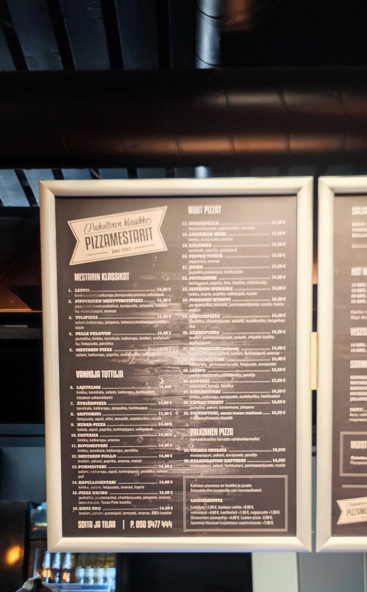 Menu at Pizzamestarit Nokia pizzeria, Nokia, Välikatu 14