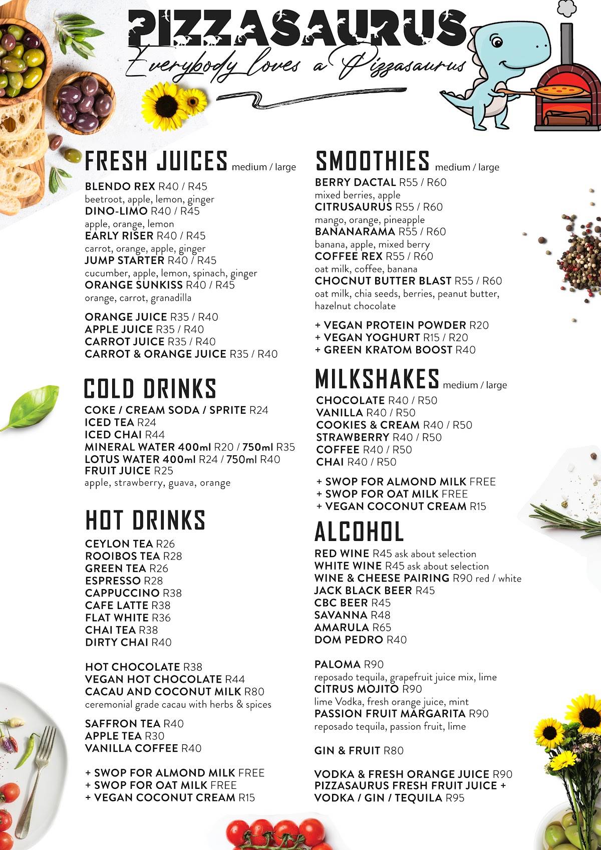 Menu at Pizzasaurus restaurant, Cape Town