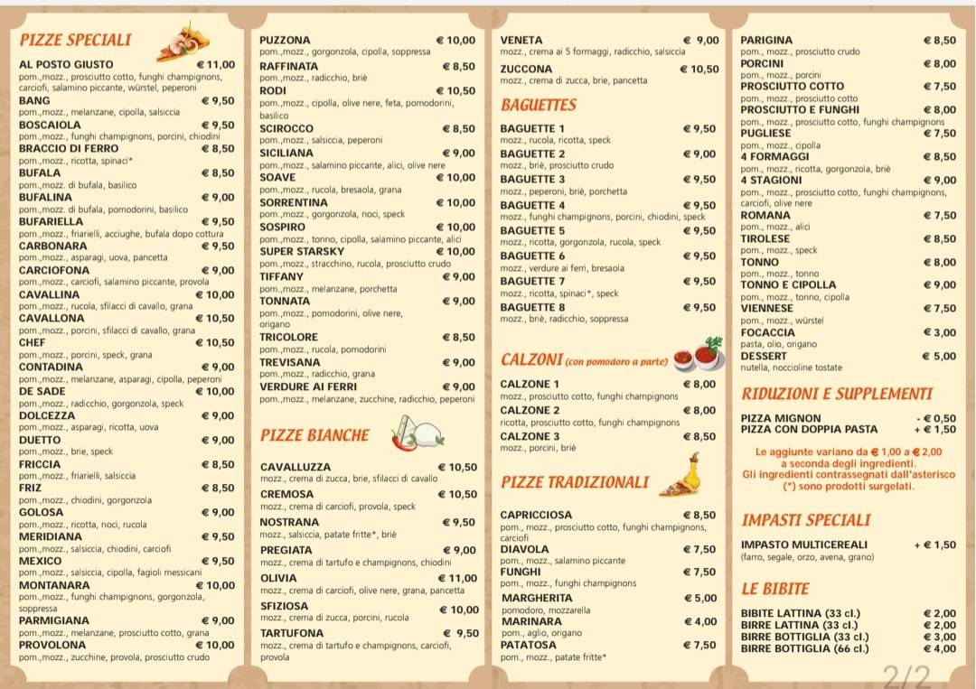 Menu au Pizzasporto Al Posto Giusto pizzeria, Padoue