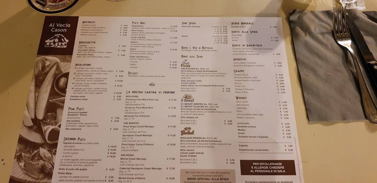 Menu da Pizzeria Al Vecio Cason, Padova