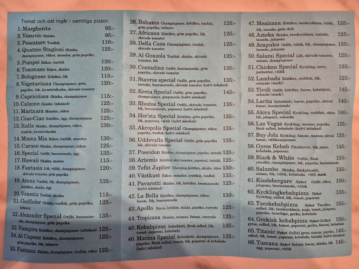 Menu at Pizzeria Alexander, Uddevalla, Lingatan 8
