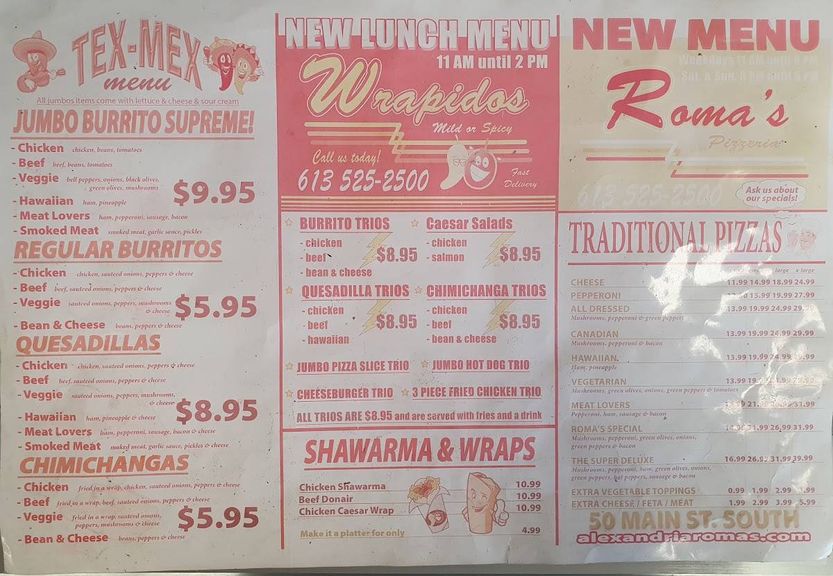 Menu at Alexandria Roma's Pizzeria, Alexandria