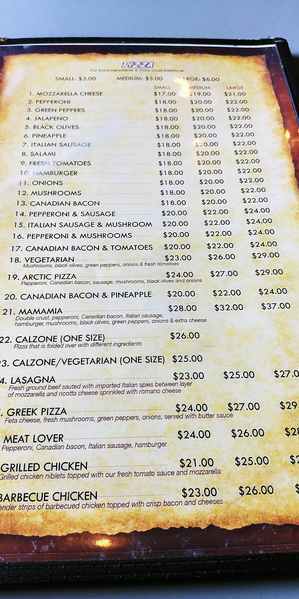 Carta de pizzería Arctic Pizza, Barrow