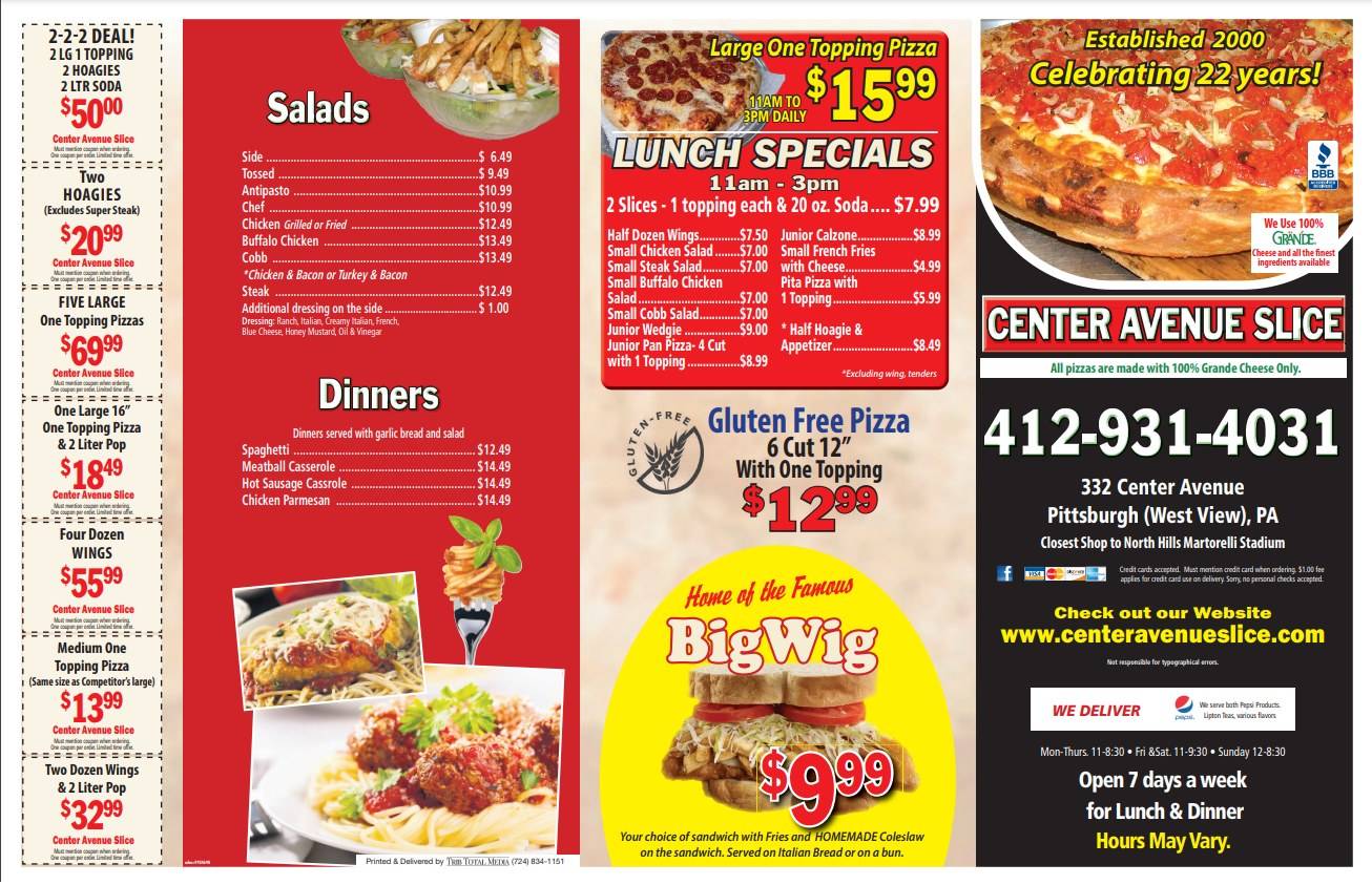 Menu at Center Avenue Slice pizzeria, West View