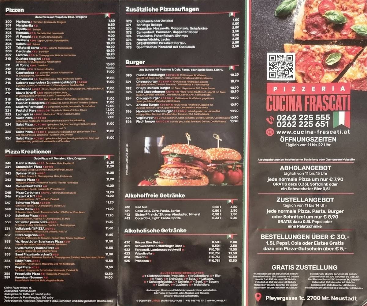 Speisekarte von Pizzeria Cucina Frascati, Wiener Neustadt