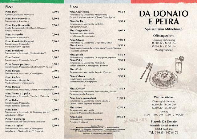 Speisekarte von Pizzeria Da Donato, Raubling