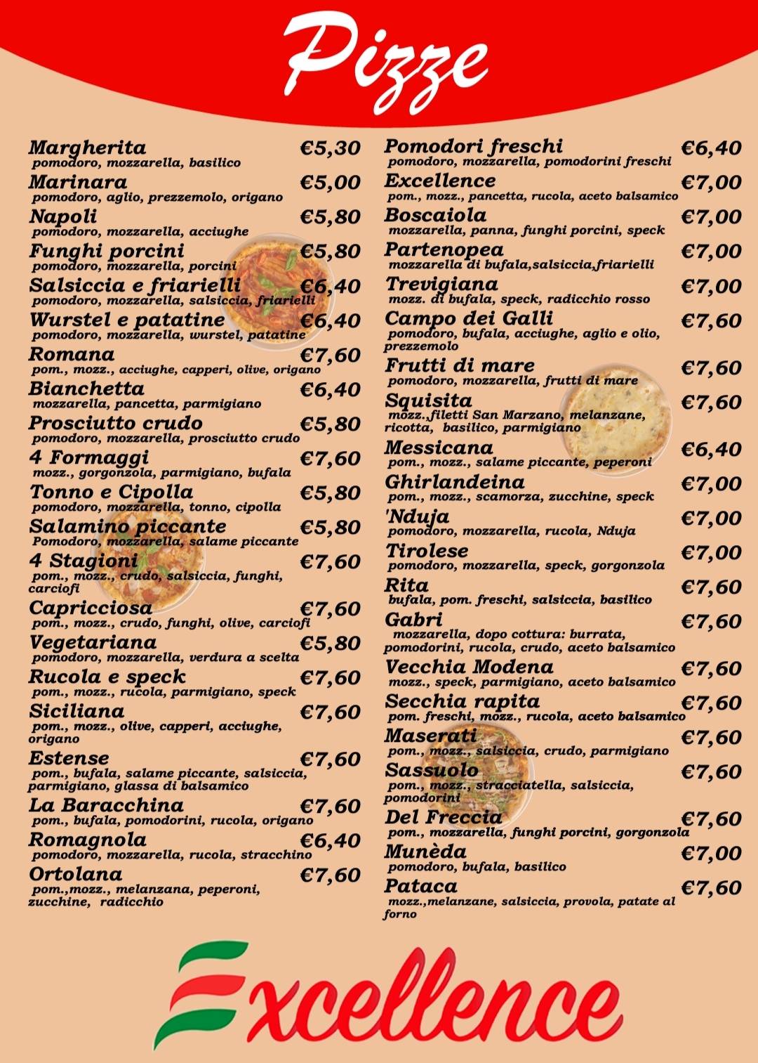 Menu at Pizzeria Excellence, Modena