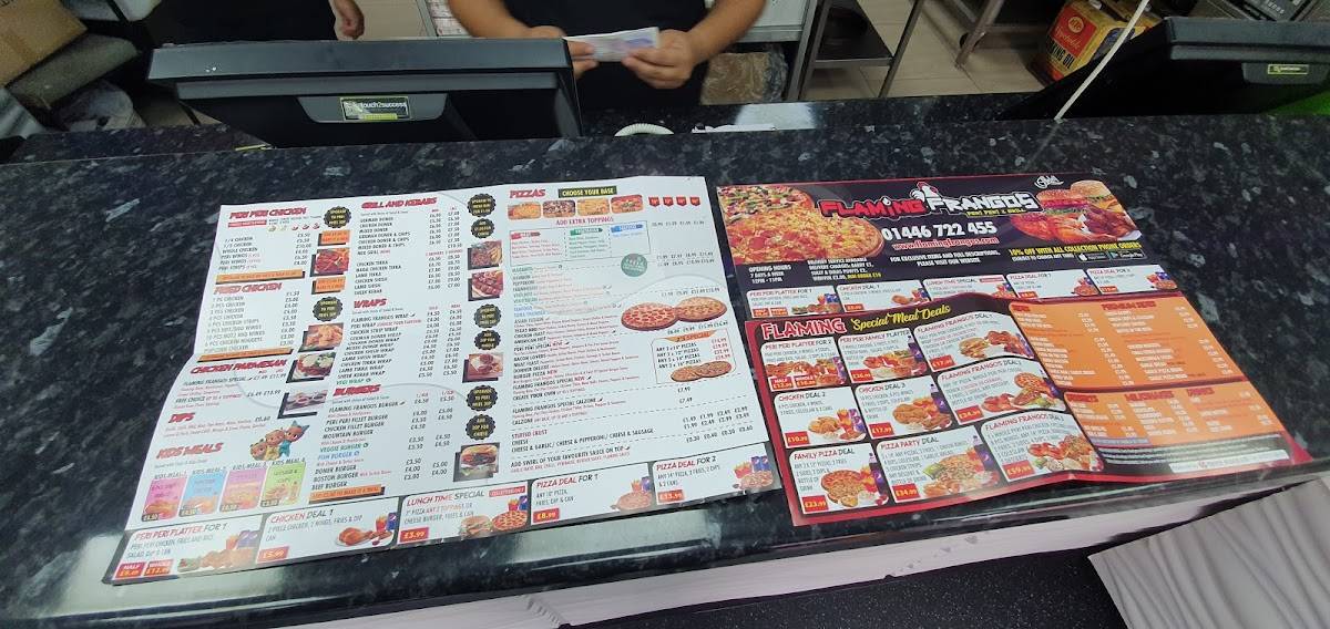 Menu at Flaming Frangos pizzeria, Barry