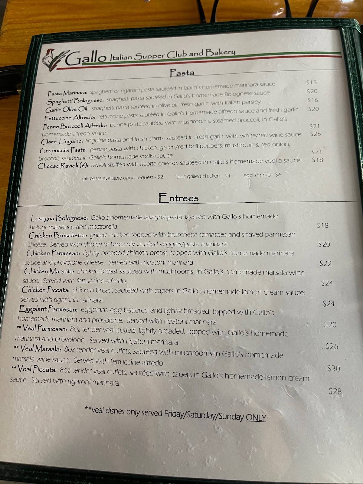 Menu at Gallo Italian Supper Club and Bakery, Englewood