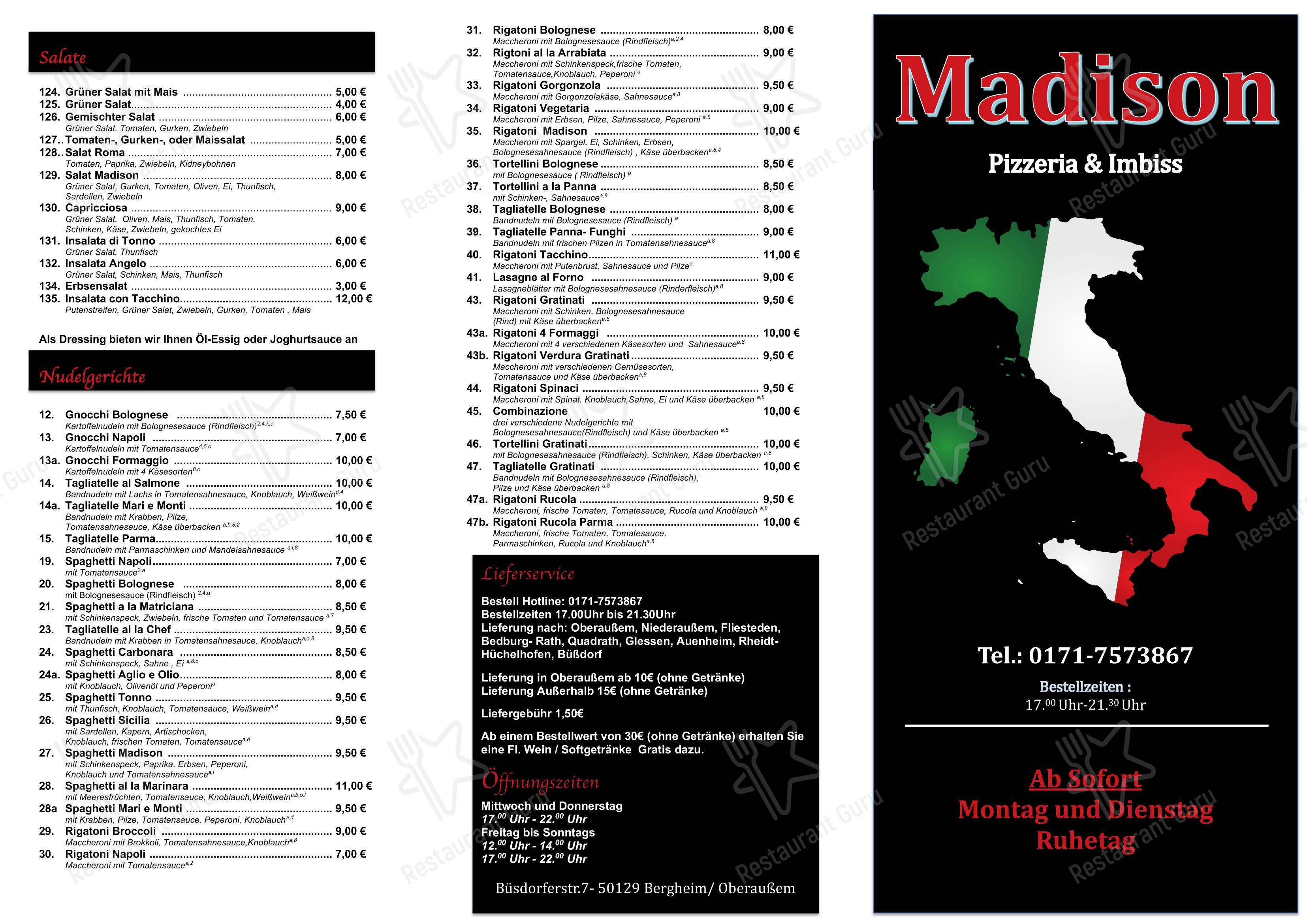 Carta de Pizzeria-Imbiss Madison, Bergheim
