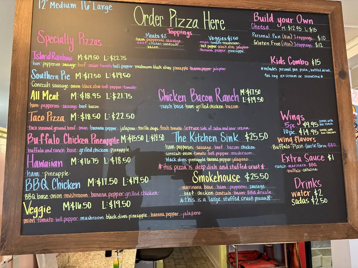 Menu at Island Rainbow LLC pizzeria, Dauphin Island