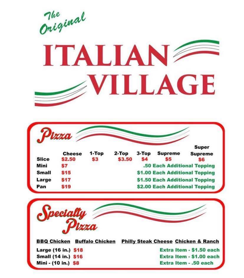 Menu at Italian Village pizzeria, Richlands, Cedar Valley Dr