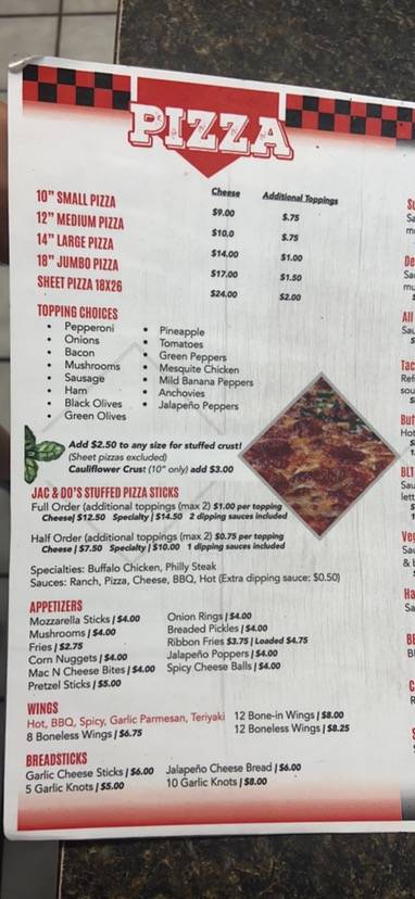 Menu at Jac & Do's Pizza of Indian Lake pizzeria, Russells Point