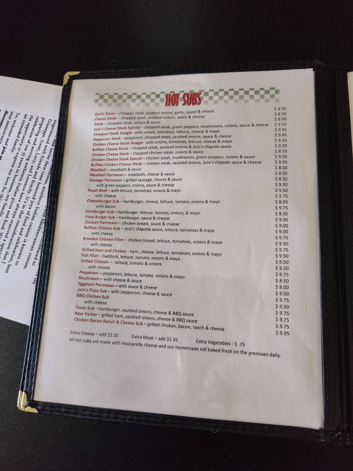 Menu at Jojo's Original Italian Pizza pizzeria, Millerstown