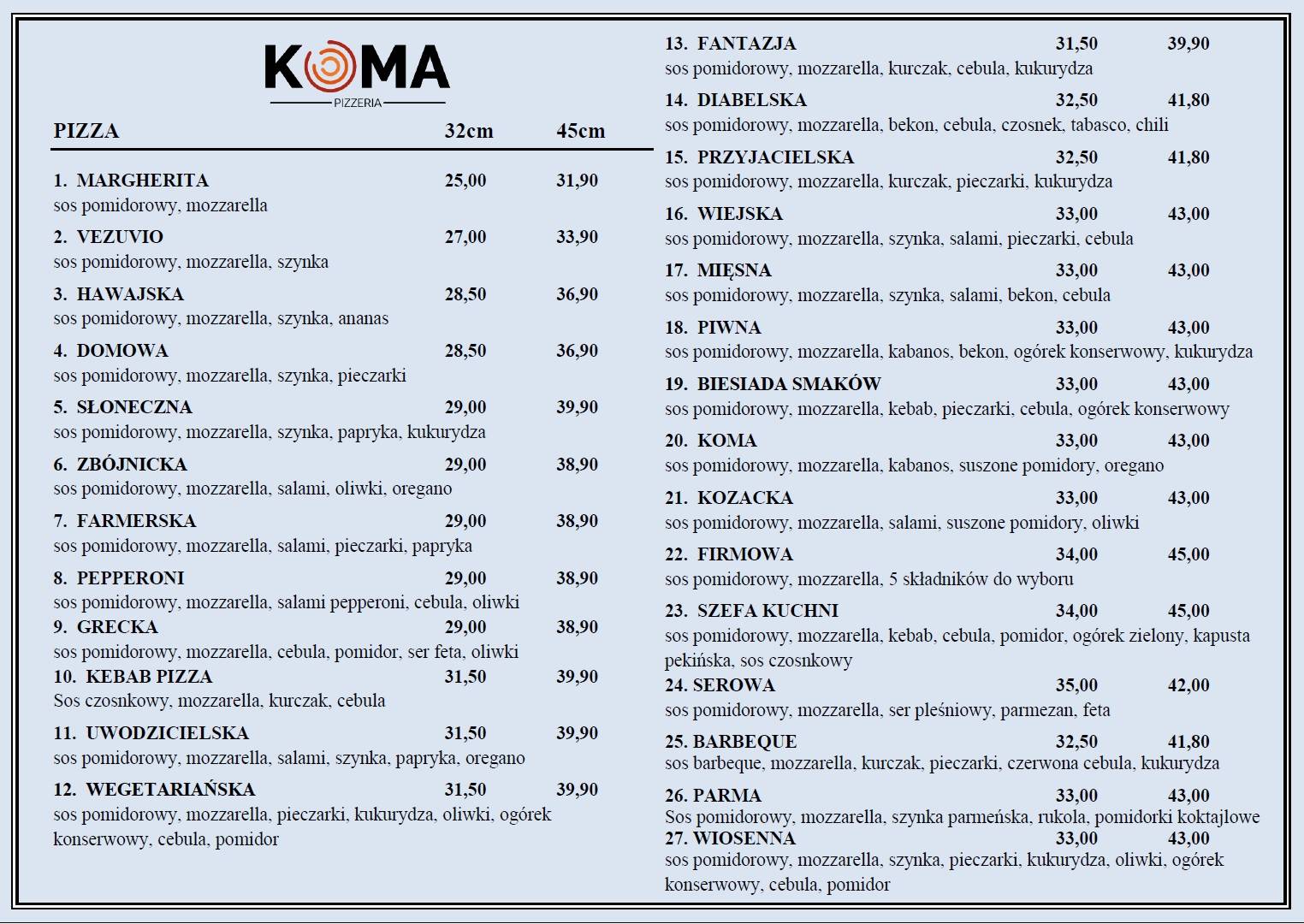 Menu at Pizzeria KOMA, Komarówka Podlaska