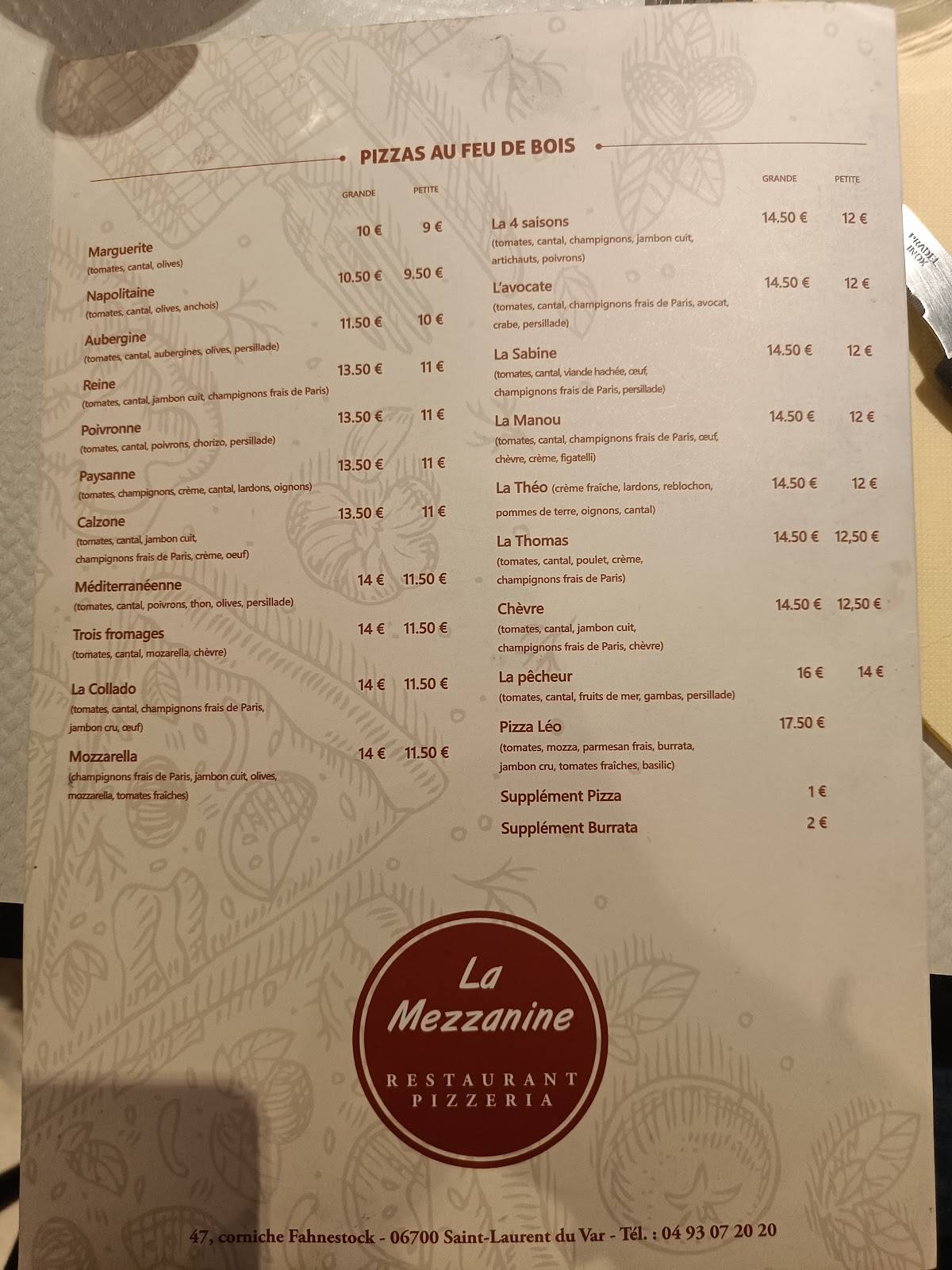 Menu au La Mezzanine pizzeria, Saint-Laurent-du-Var